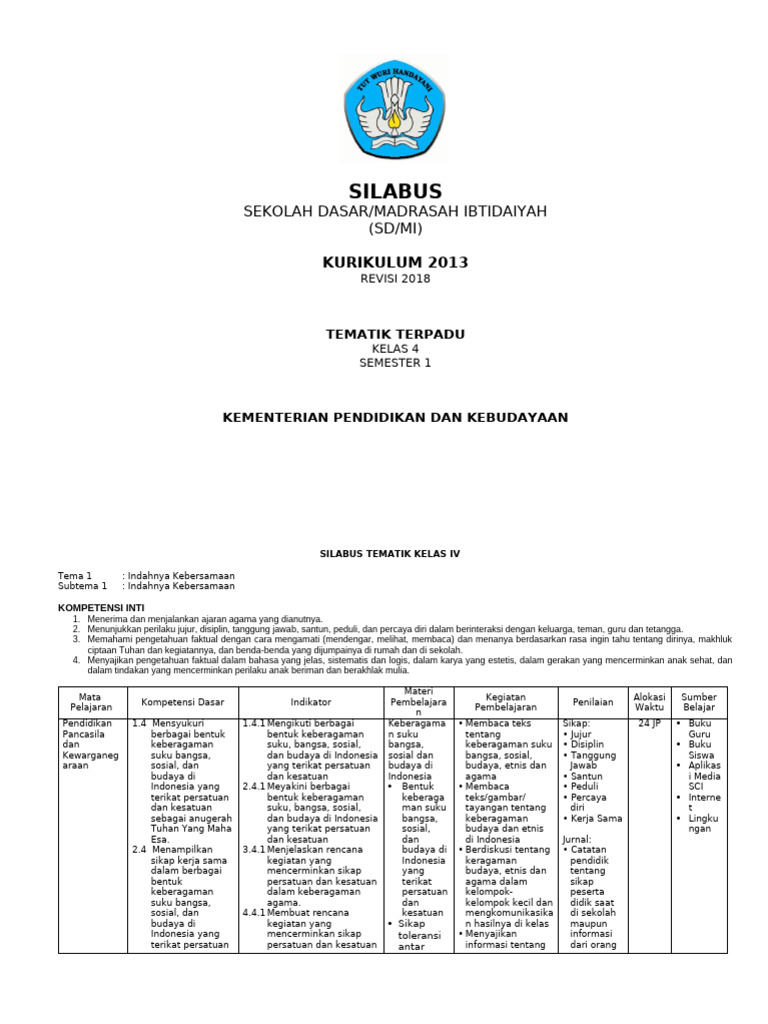 SILABUS KELAS 4A - Tema 1 FIX | PDF