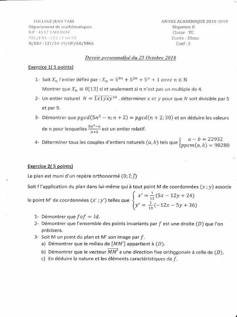 Mathématiques Collège Jean Tabi Terminale c Devoir Personnalisé Octobre ...