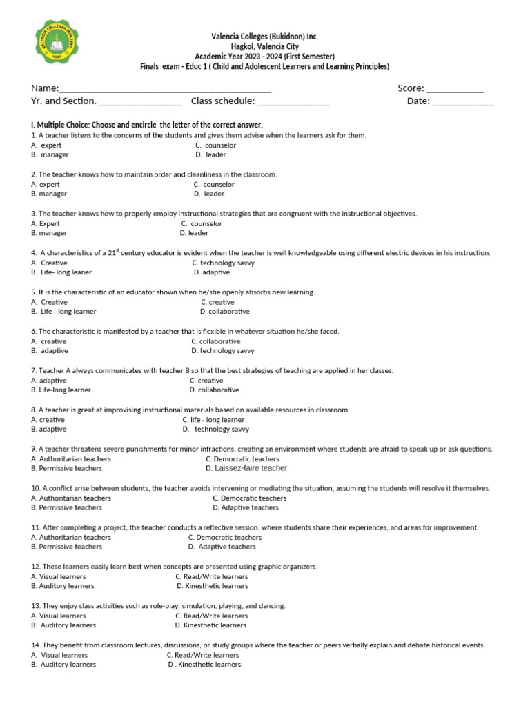 Educ 1 Finals | PDF | Learning | Differentiated Instruction