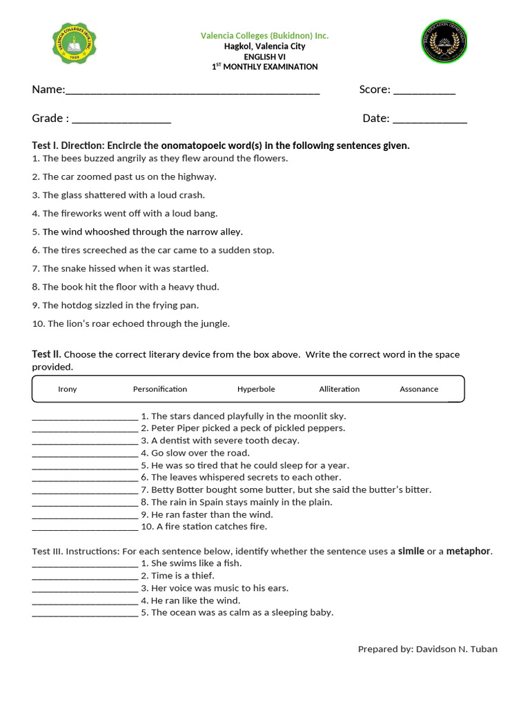 Grade 6 English Exam | PDF