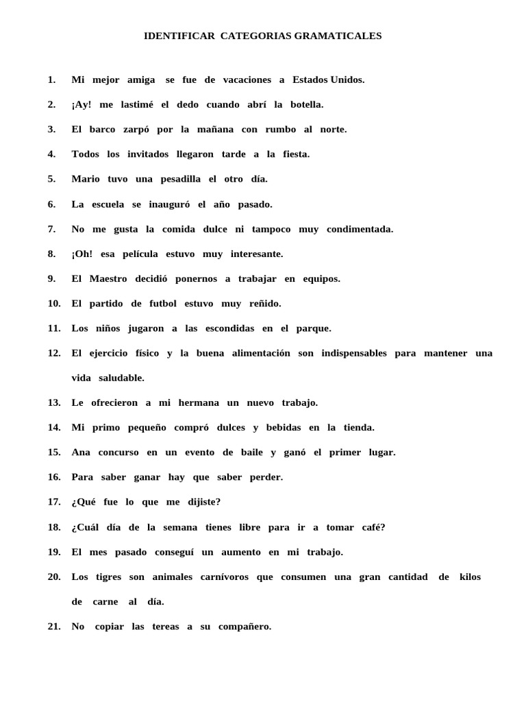 Ejercicio de Categorias Gramaticales | PDF