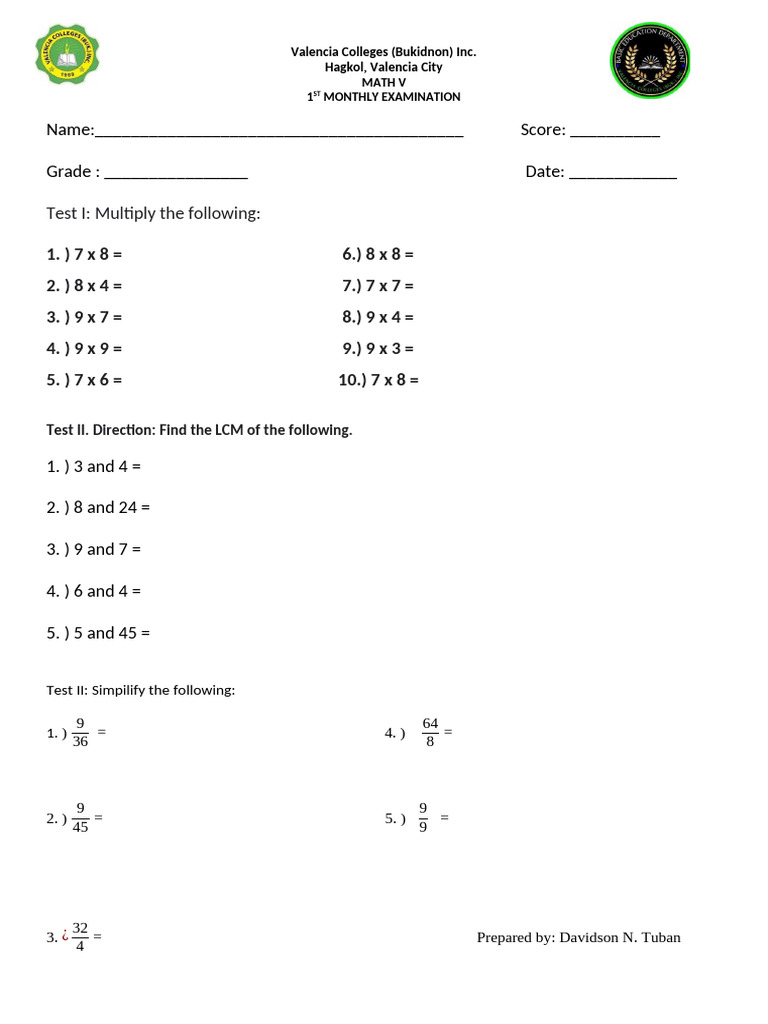 Math Grade 5 Exam | PDF