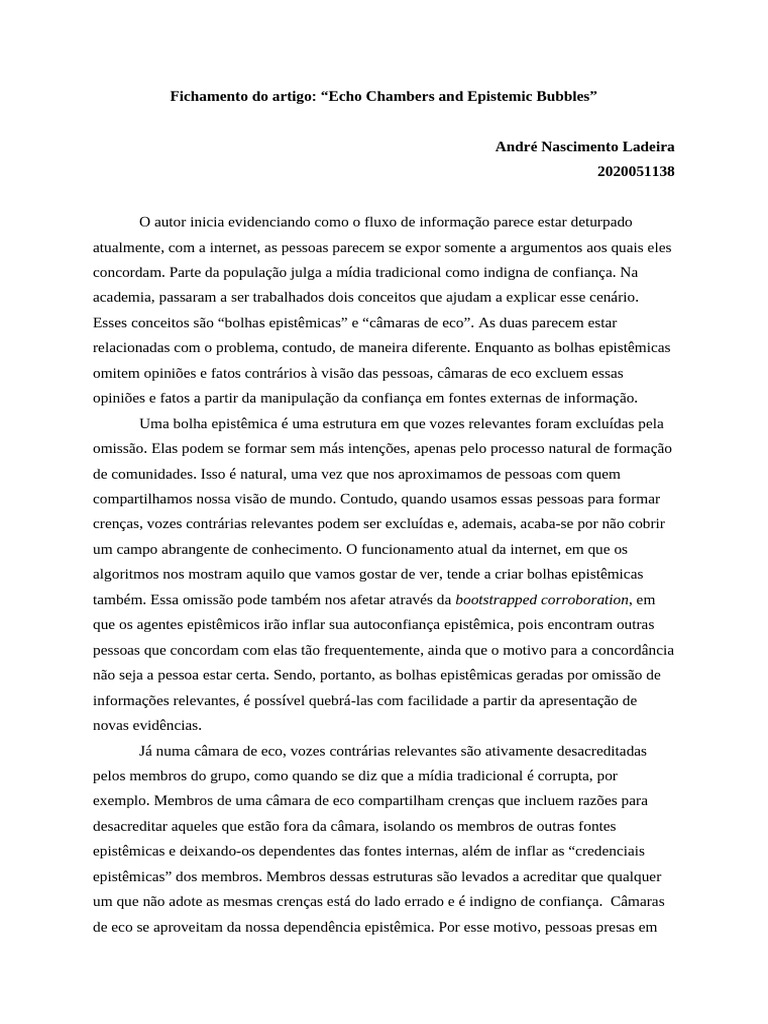 Fichamento - Echo Chambers and Epistemic Bubbles - André Ladeira | PDF