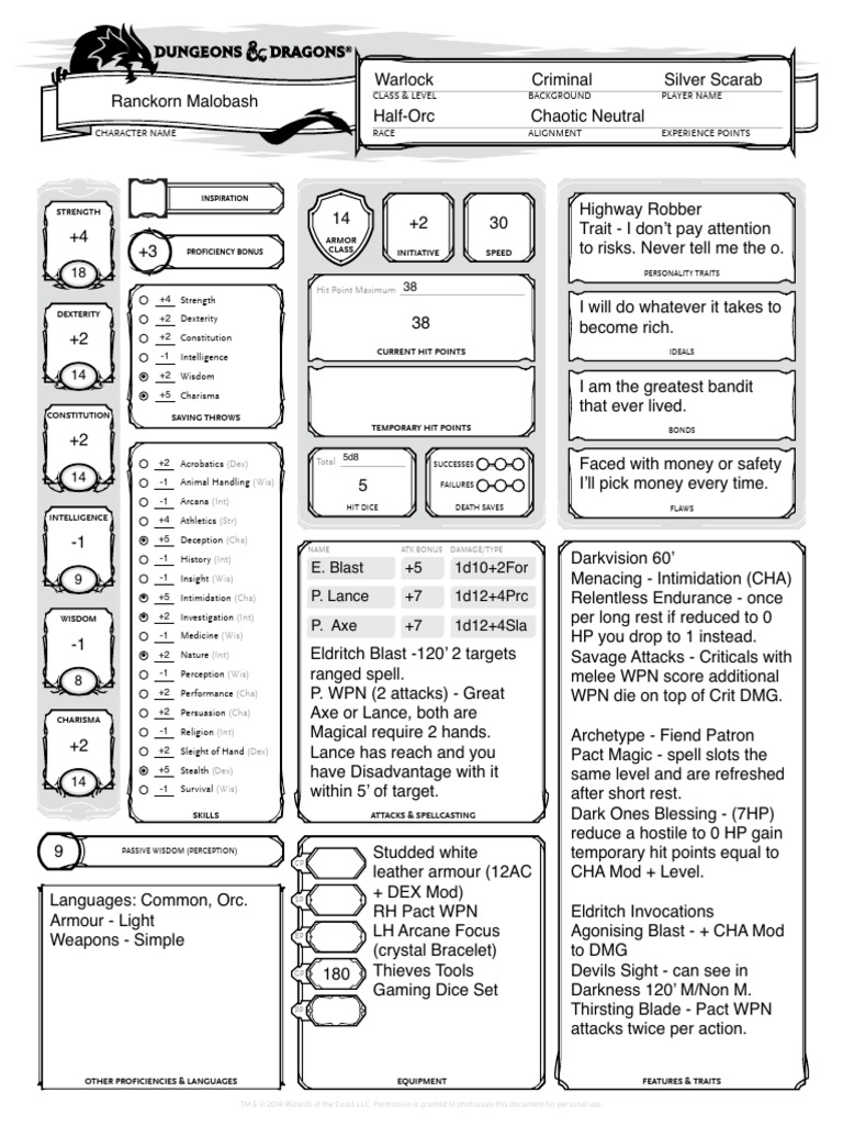 Ranckorn Malobash 5th Level Warlock | PDF