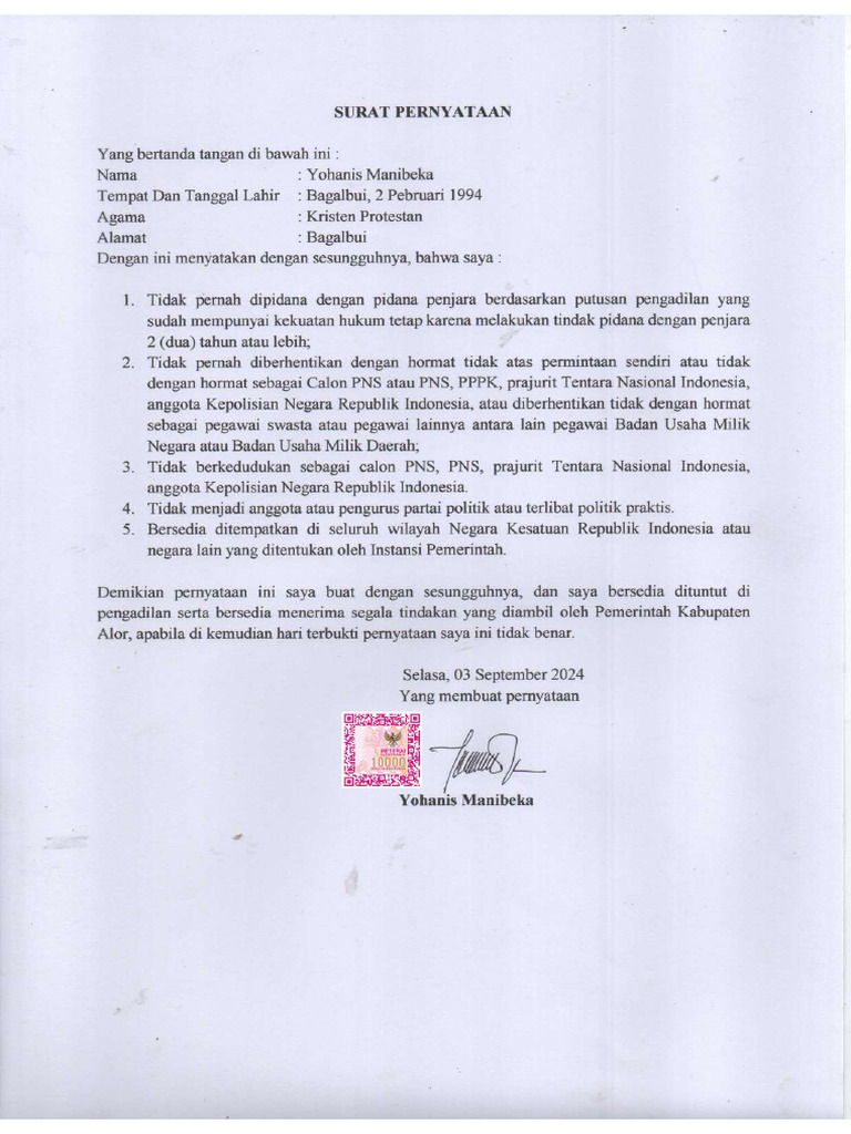 Surat Pernyataan 5 Poin Anis Manibeka | PDF