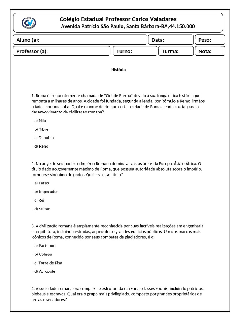 Prova História 1 Ano Mat | PDF