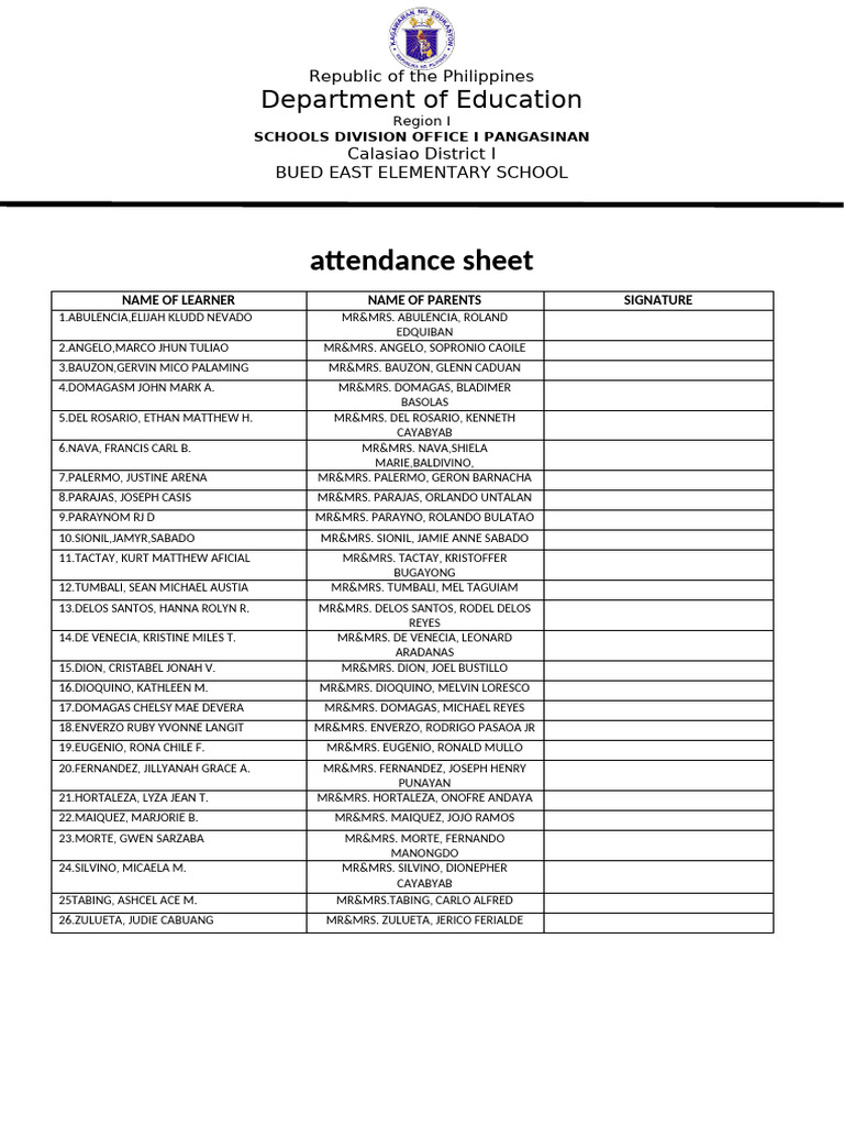 attendance sheet parents | PDF