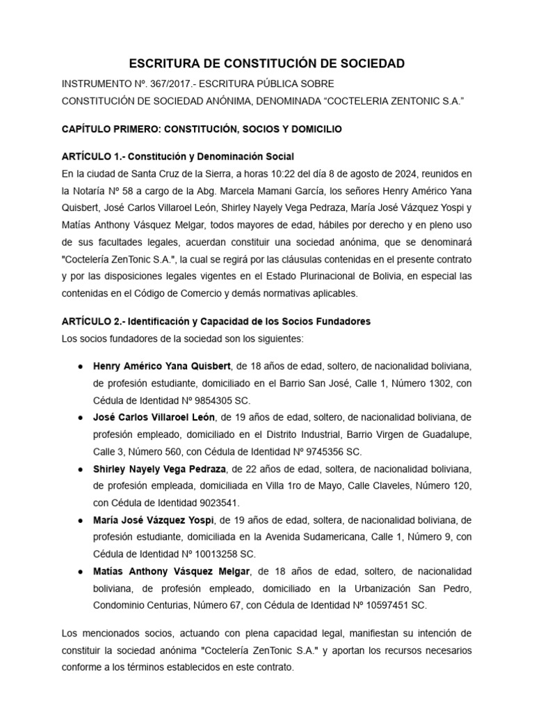 ZenTonic S.A. - ESCRITURA DE CONSTITUCIÓN DE SOCIEDAD | PDF