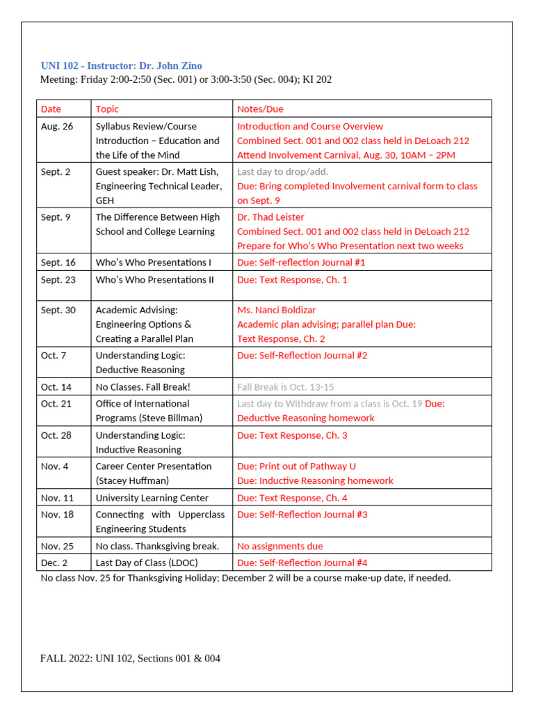 UNI 102-001 & 004 Course Outline and Requirements | PDF