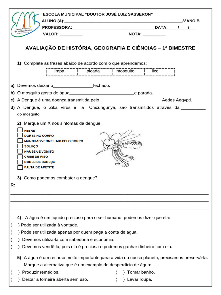 Avaliação História - Geografia - Ciências 1° Bimestre | PDF
