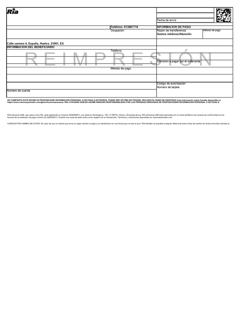Ria Order Receipt ES1278067128 | PDF