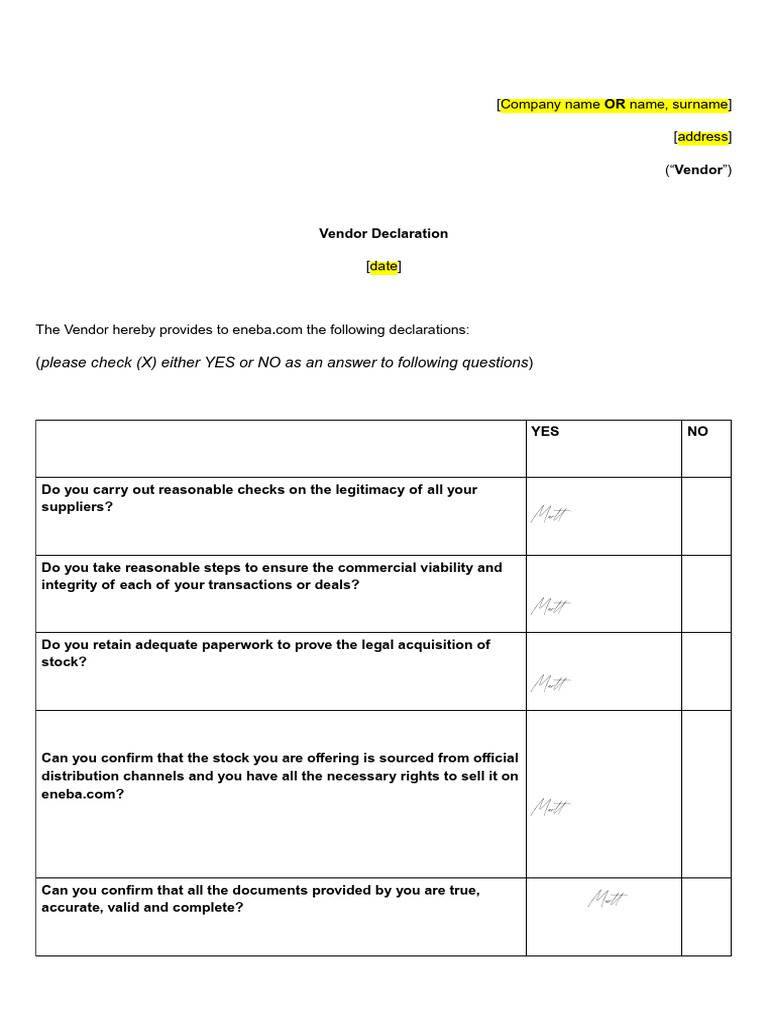 Template Vendors Declaration - Docx 20240829 062222 0000 | PDF