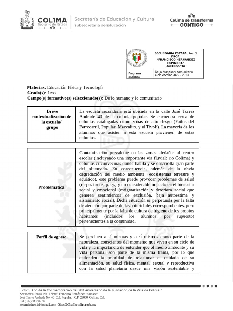 Programa analitico. De lo humano y comunitario. | PDF Programa analitico. De lo humano y comunitario. | PDF