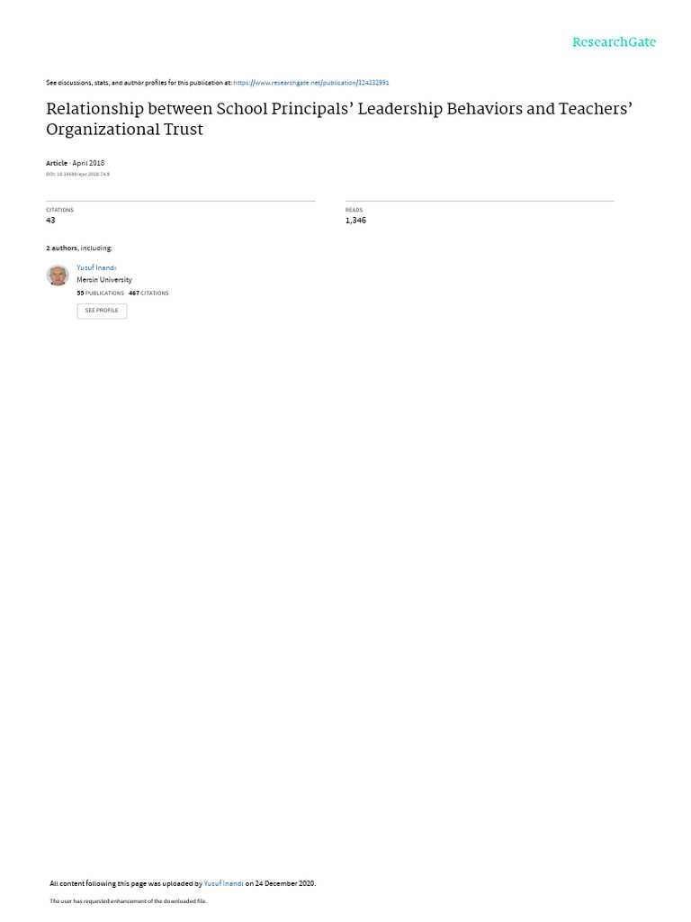 Relationship Between School Principals' Leadership Behaviors and Teachers' Organizational Trust ...
