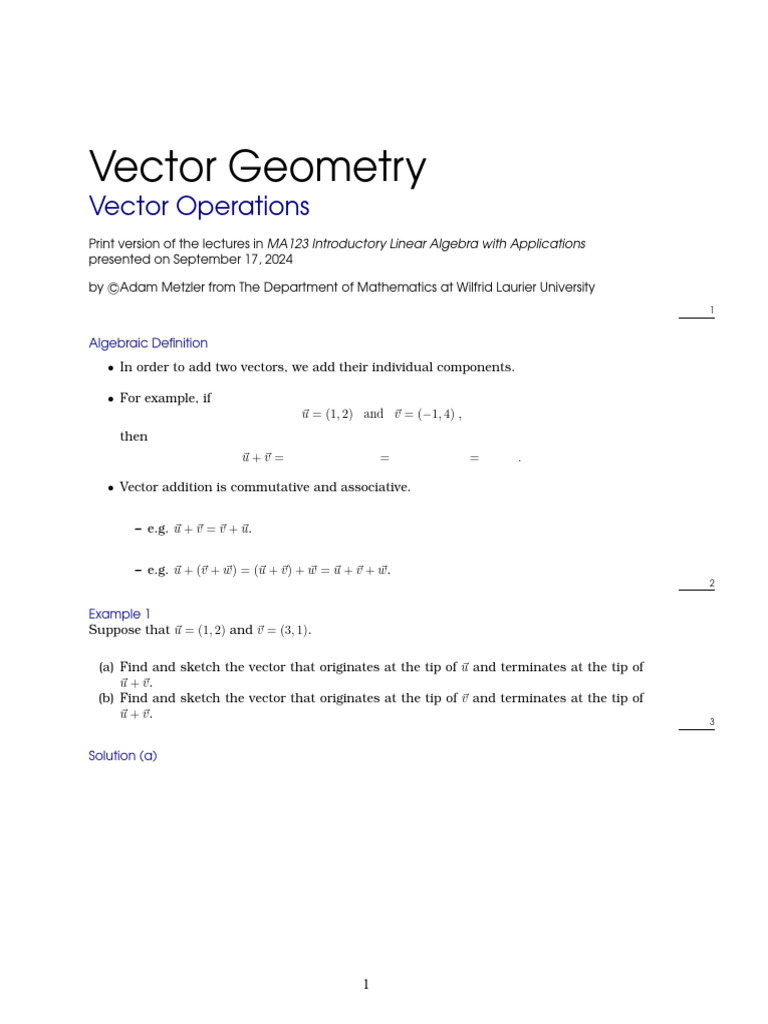 MA123 Vector Operations Notes | PDF