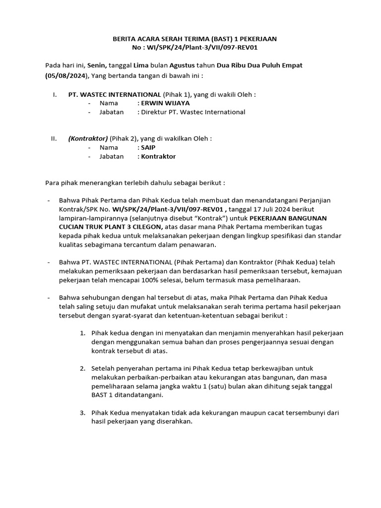 Berita Acara Serah Terima (Bast) 1 | PDF