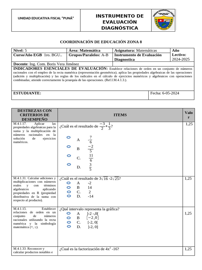 Diagnostico Matematica 1ro Bachillerato | PDF