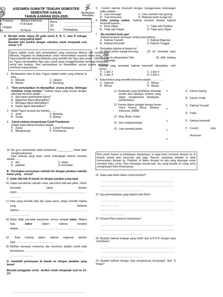 Soal Pts B. Indonesia Kelas 4 | PDF