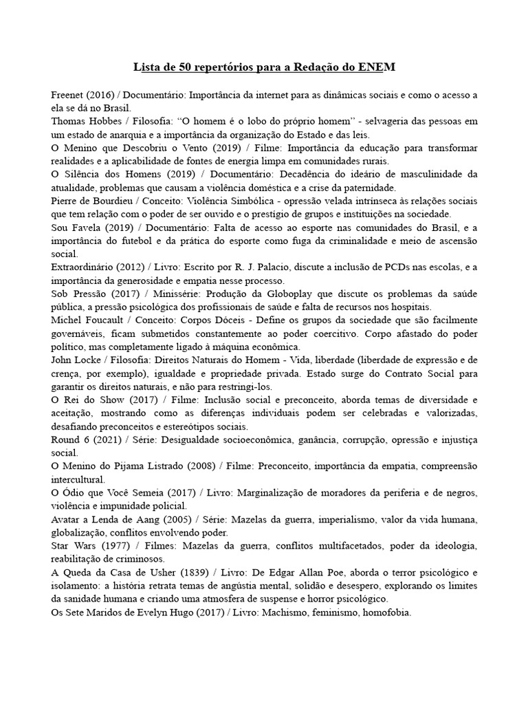 Lista de 50 Repertórios para A Redação Do ENEM | PDF