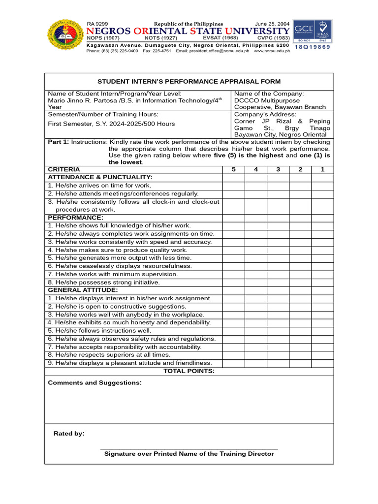 Student Intern's Performance Appraisal Form | PDF