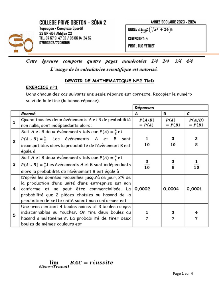 Spéciale Probabilité Devoir n°2TD | PDF