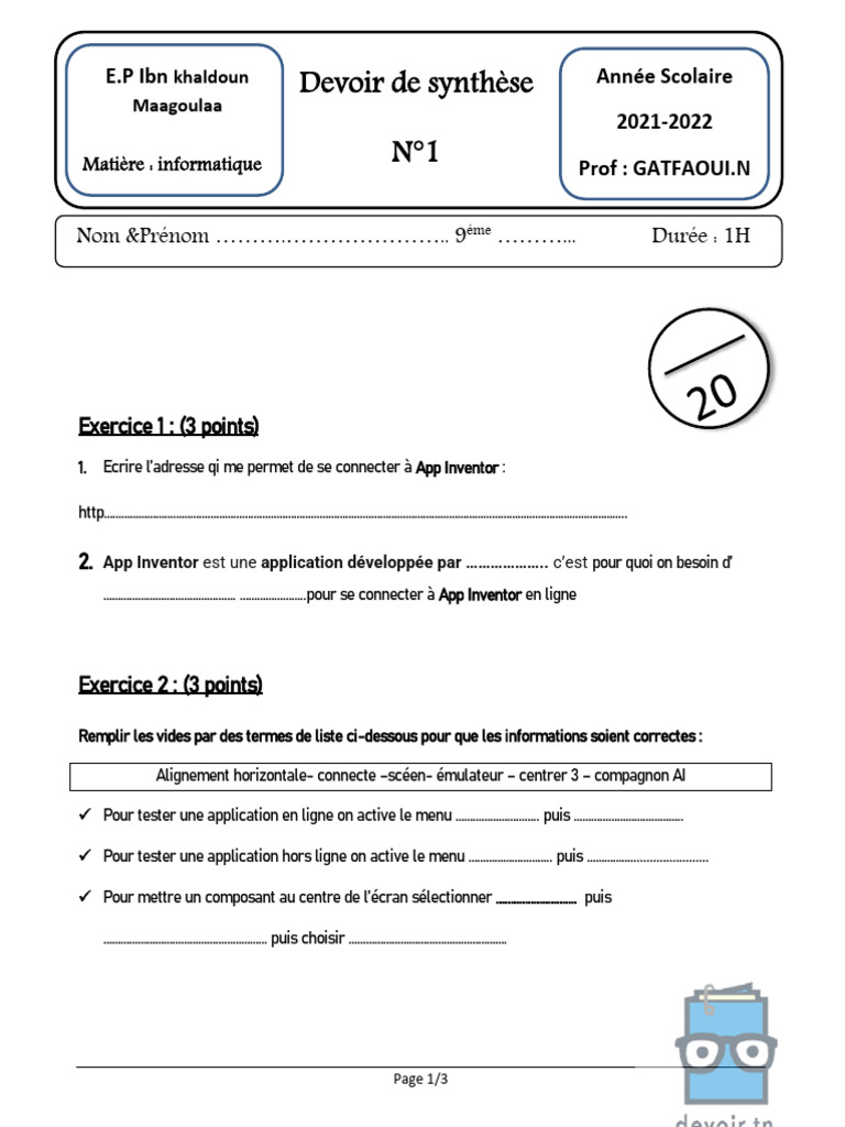 Devoir de Synthèse N°1 2021 2022 (Ibn Khaldoun Maagoula Béja) | PDF