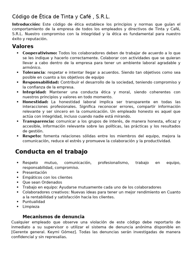 Código de Ética de Tinta y Café (Para Preparar Infografía) | PDF