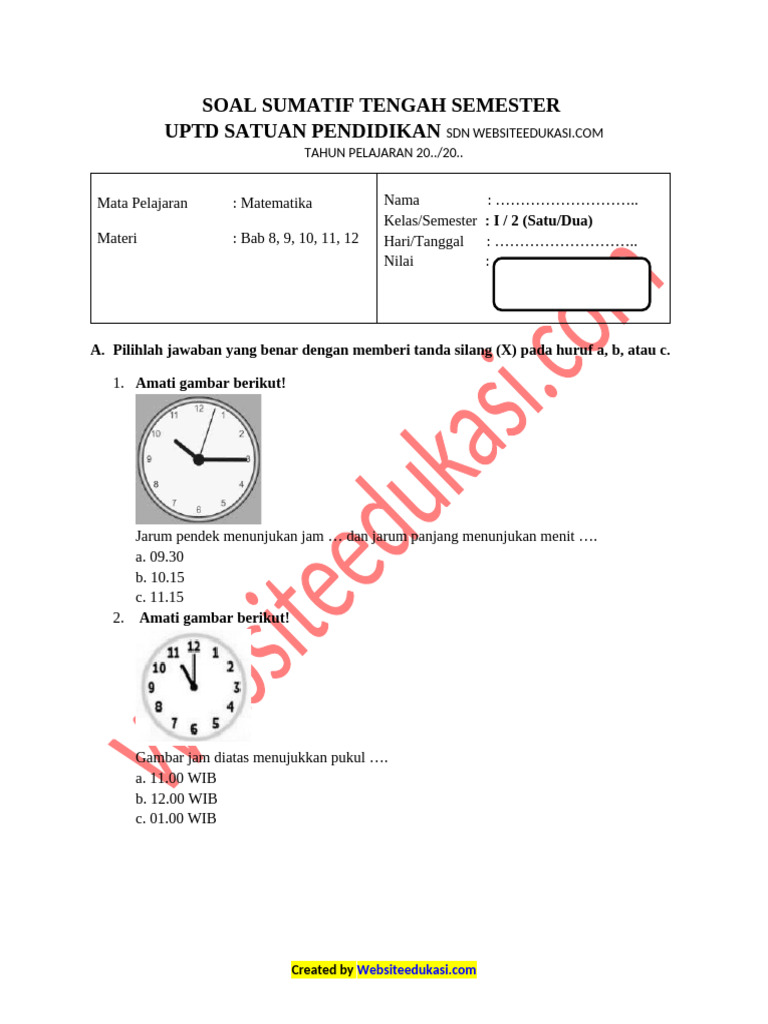 Soal STS 2 MTK Kelas I SD Kurmer | PDF