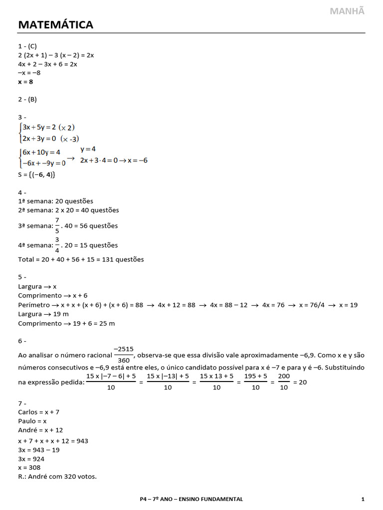 Prova 4 - MATEMÁTICA - 7º Ano Manhã GABARITO | PDF
