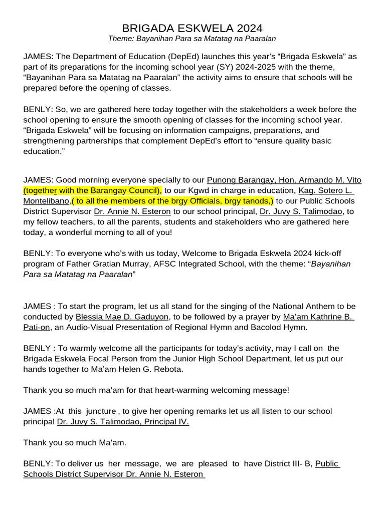BRIGADA ESKWELA 2024 Script | PDF