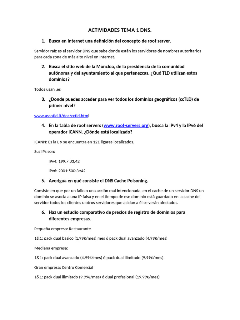 Actividades Tema 1 DNS | PDF