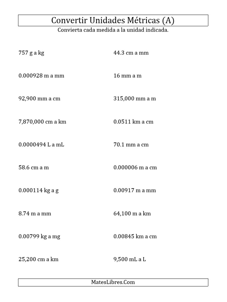 Hojas de Ejercicios de Medidas - Convertir Todas Las Unidades de ...