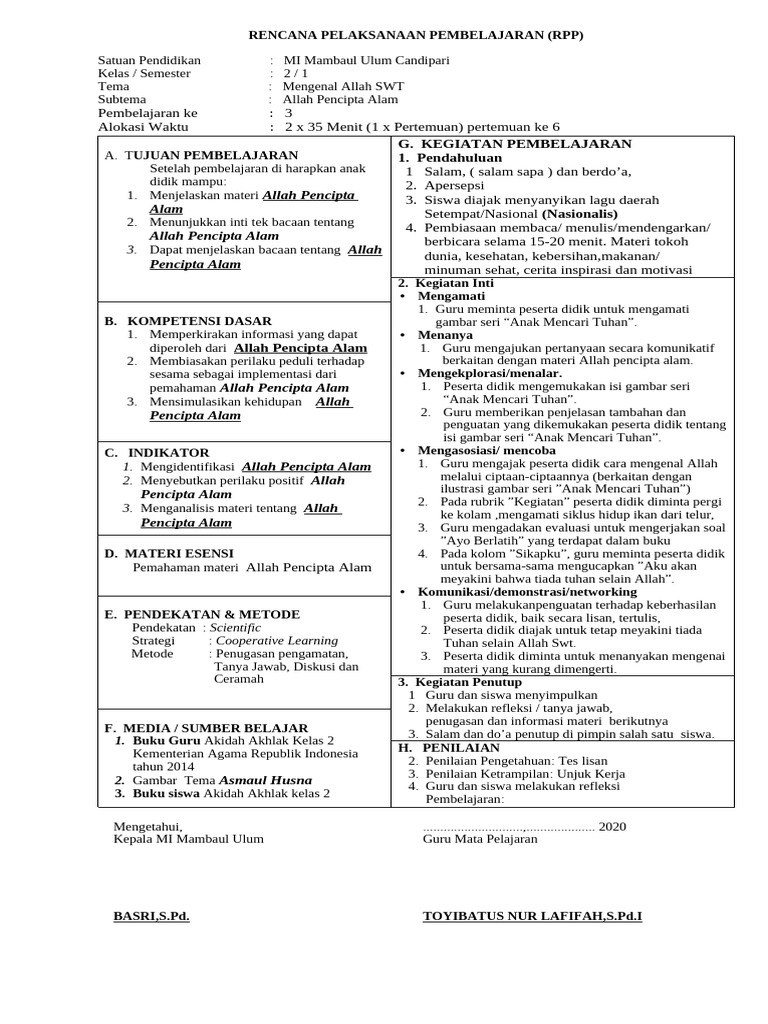 3.RPP Akidah Akhlak Kelas 2 Semester 1 Pelajaran 3 | PDF