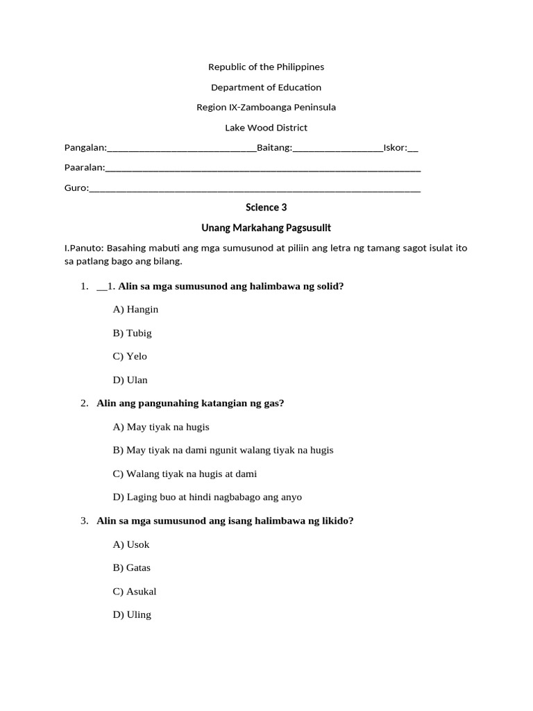 Science 3 Quarter 1 PT With Tos | PDF