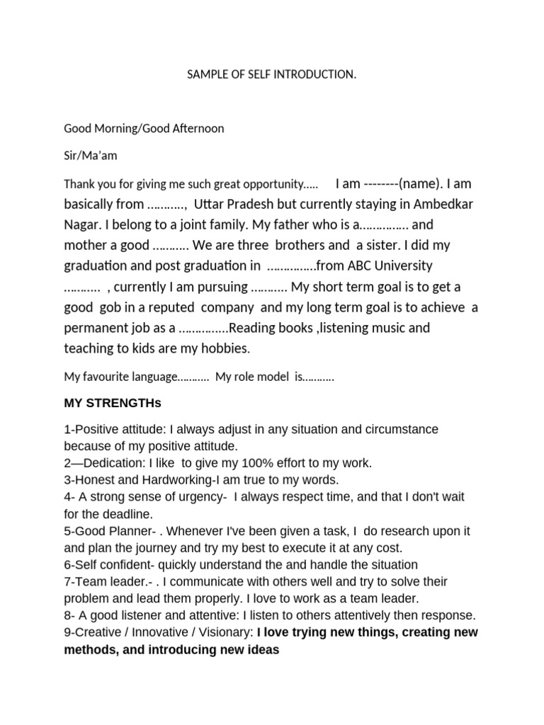 Sample of Self Introduction | PDF