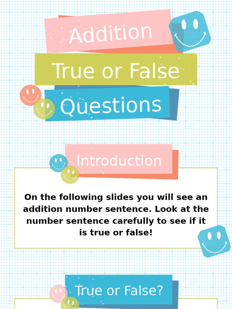 Colourful Cartoon Addition Facts True or False Math Quiz | PDF