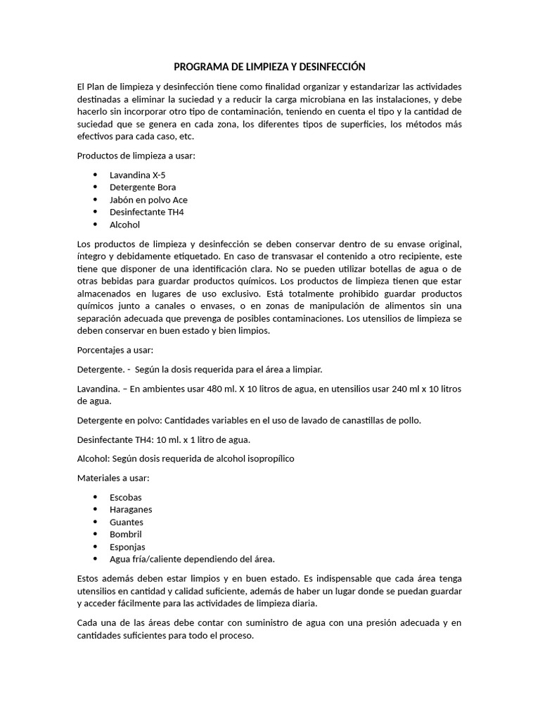 PLAN DE LIMPIEZA Y DESINFECCIÓN | PDF