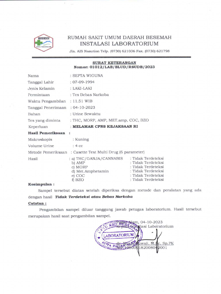 Scan Keterangan Bebas Narkoba Septa | PDF