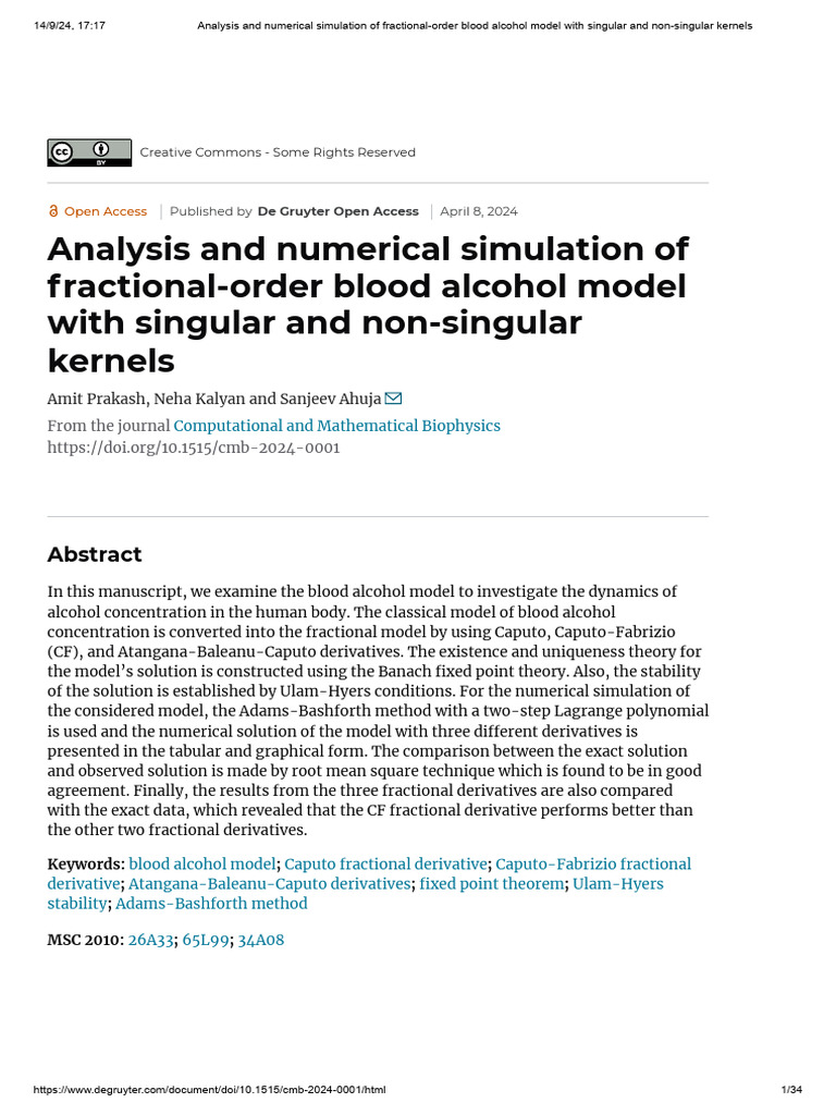 Analysis and Numerical Simulation of Fractional-Order Blood Alcohol Model With Singular and Non ...