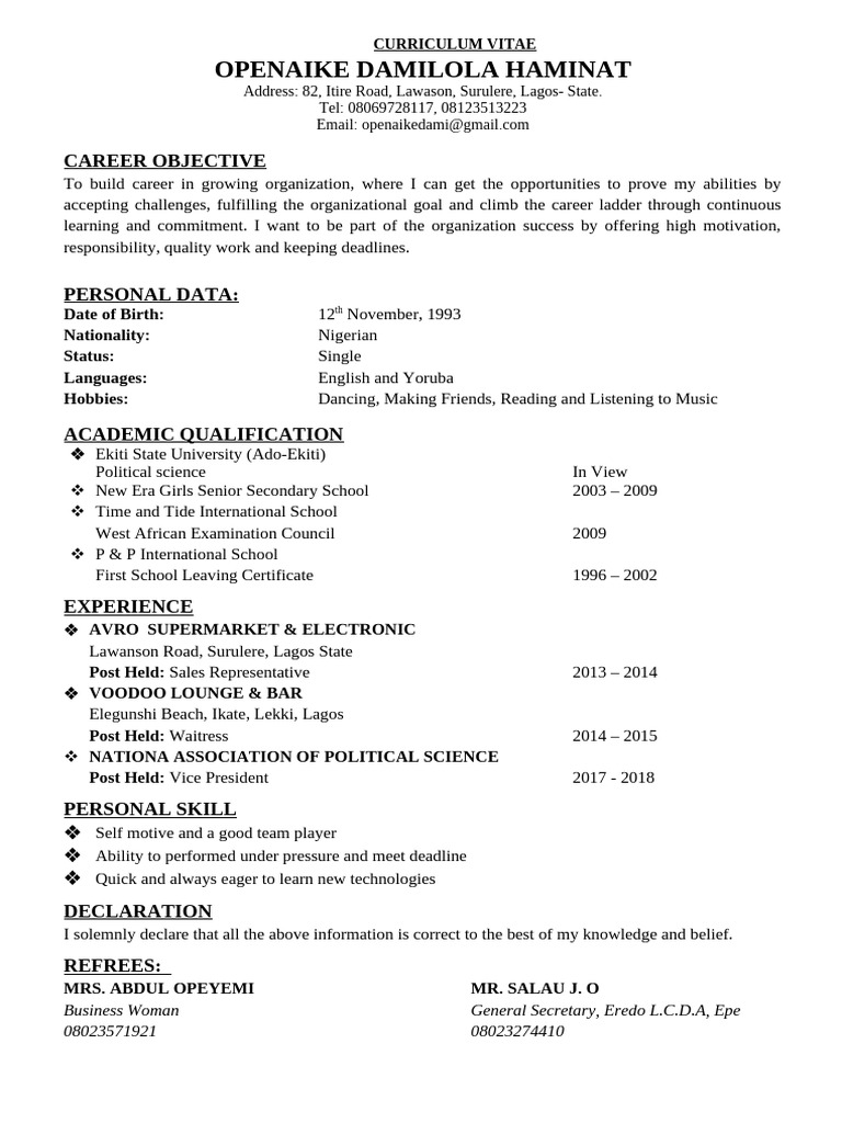 Openaike Damilola Haminat: Career Objective | PDF