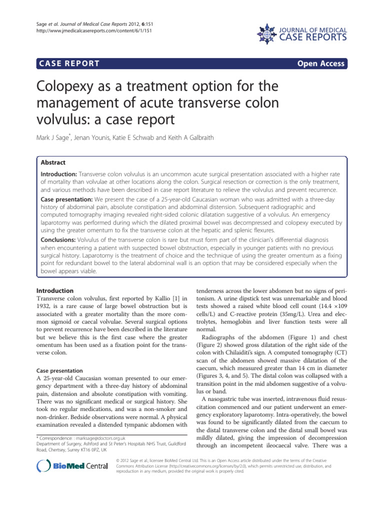 Colopexy As A Treatment Option For The Management of Acute Transverse ...