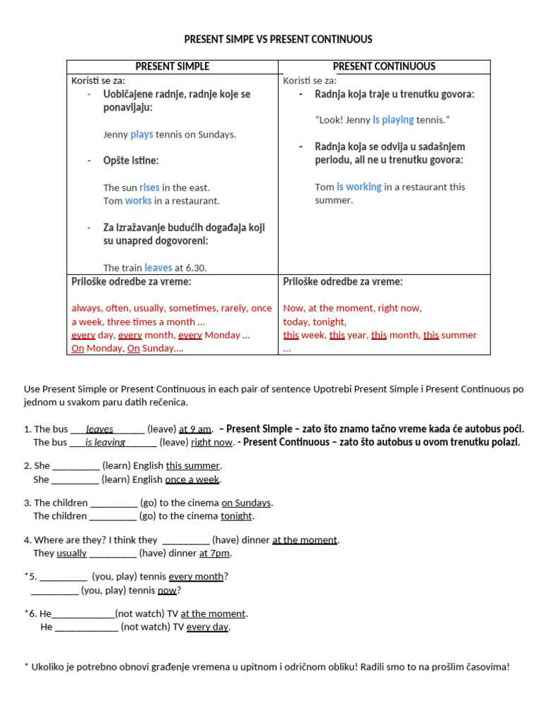 Schoolwork Present Simple Tense Vs Present Continuous Tense | PDF