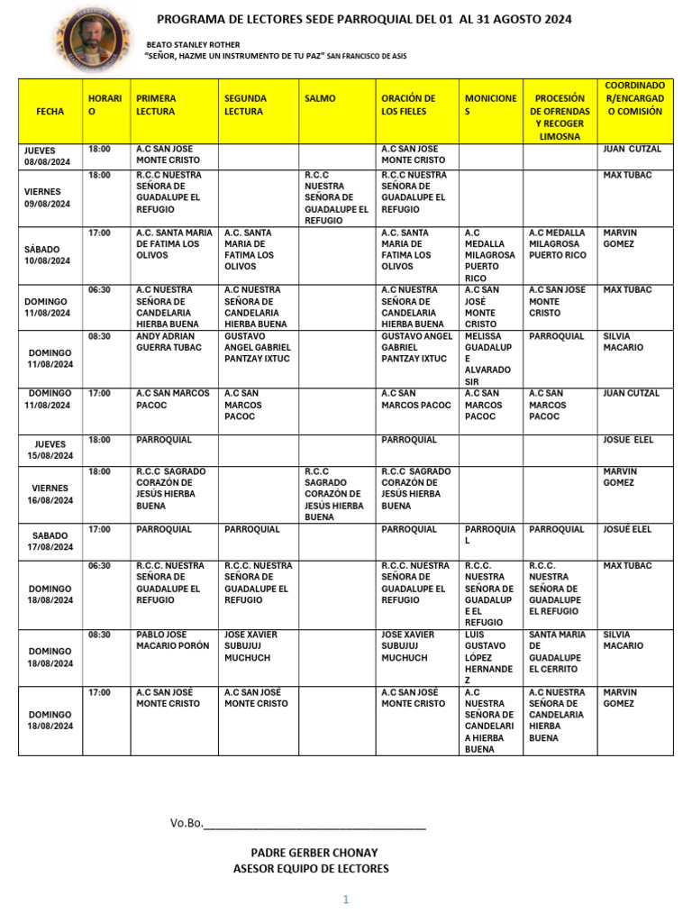 Calendario Parroquial Agosto 2024 Pdf