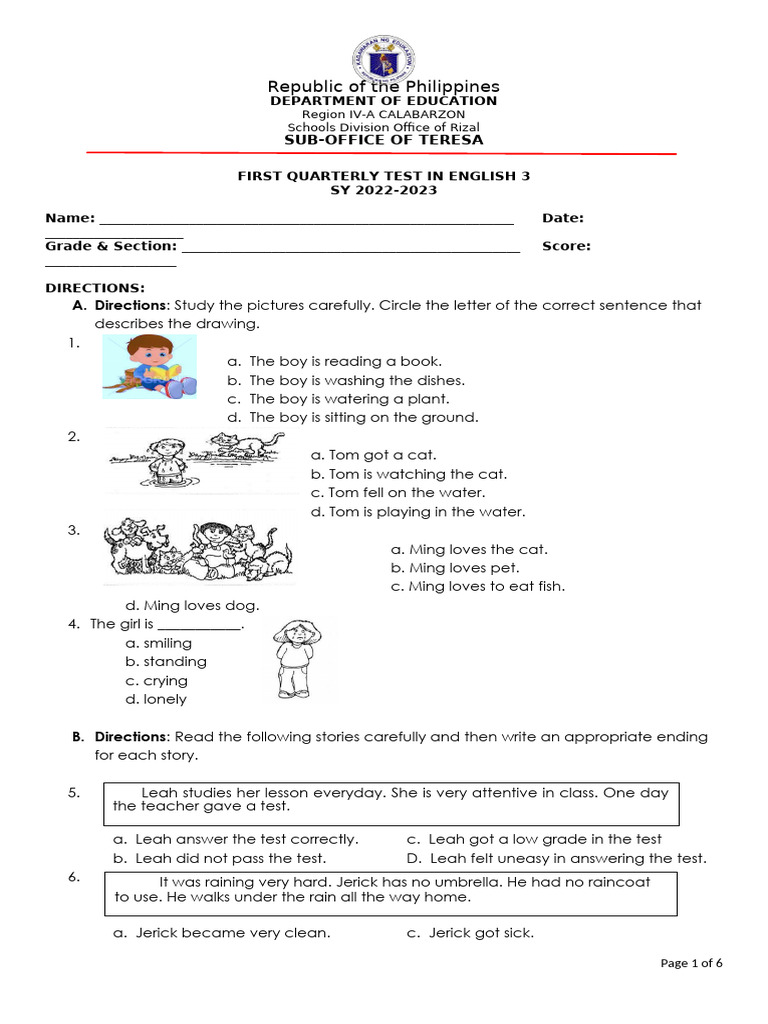 First-Quarterly-Test-English 3 | PDF