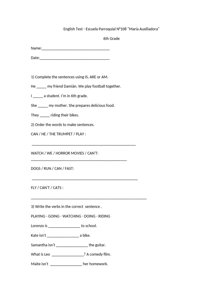 English Resit Test - 6th Grade 2024 | PDF