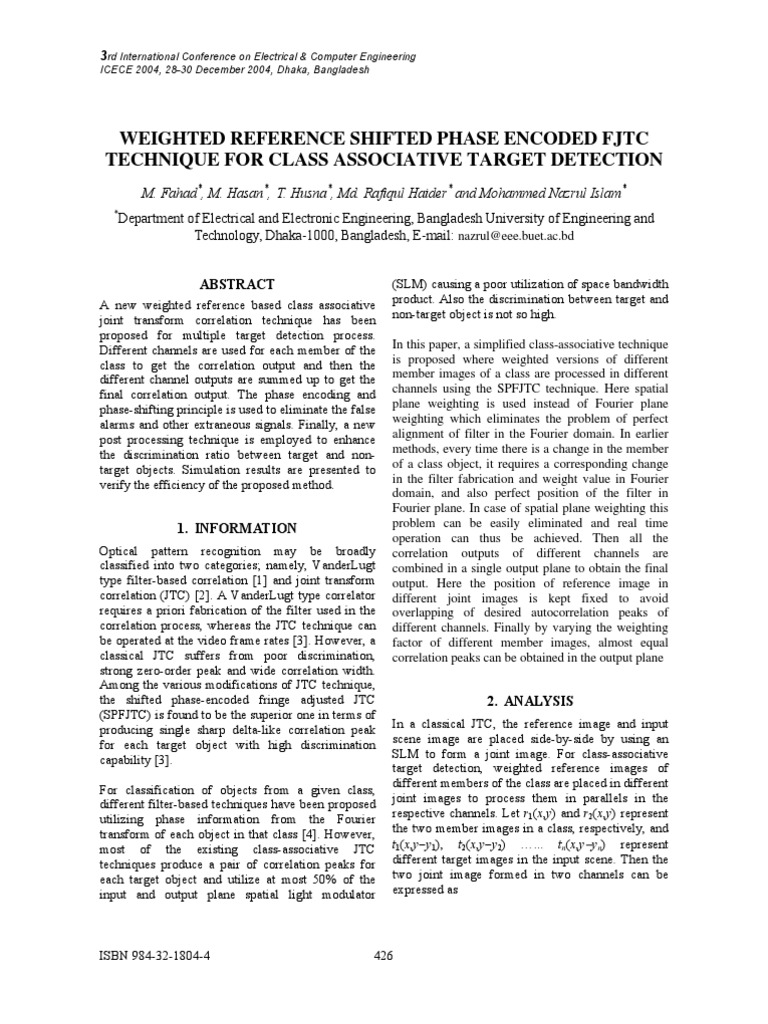 Weighted Reference Shifted Phase Encoded Fringe Adjusted Joint Transform Correlator For Class ...