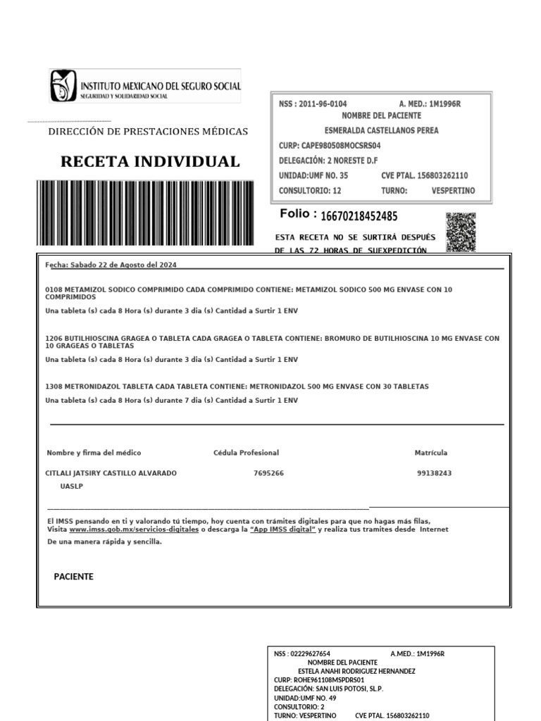 Receta Editable Imss 1 2 | PDF