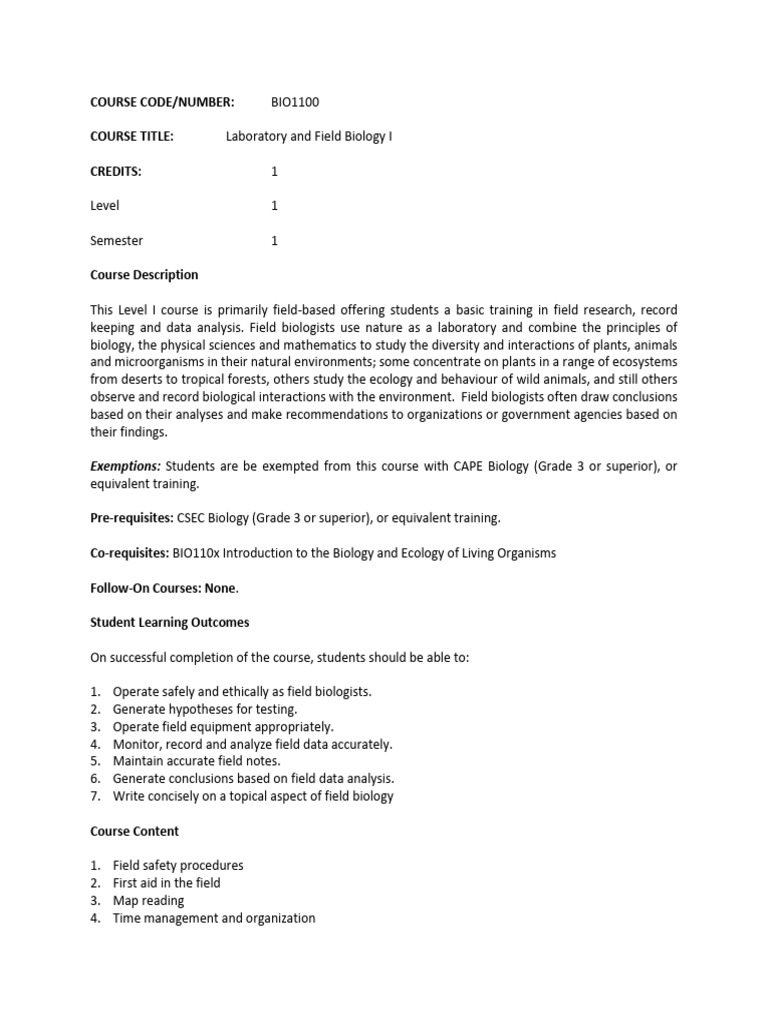 BIO1100 Courseoutline | PDF