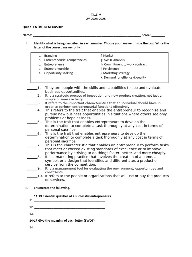 Quiz 1 (TLE) Entrepreneurship | PDF