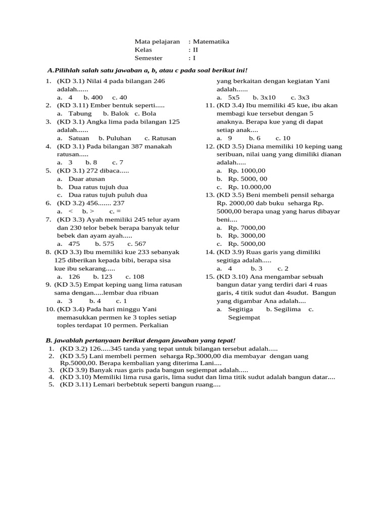 Soal Pts MTK Kelas 2 | PDF